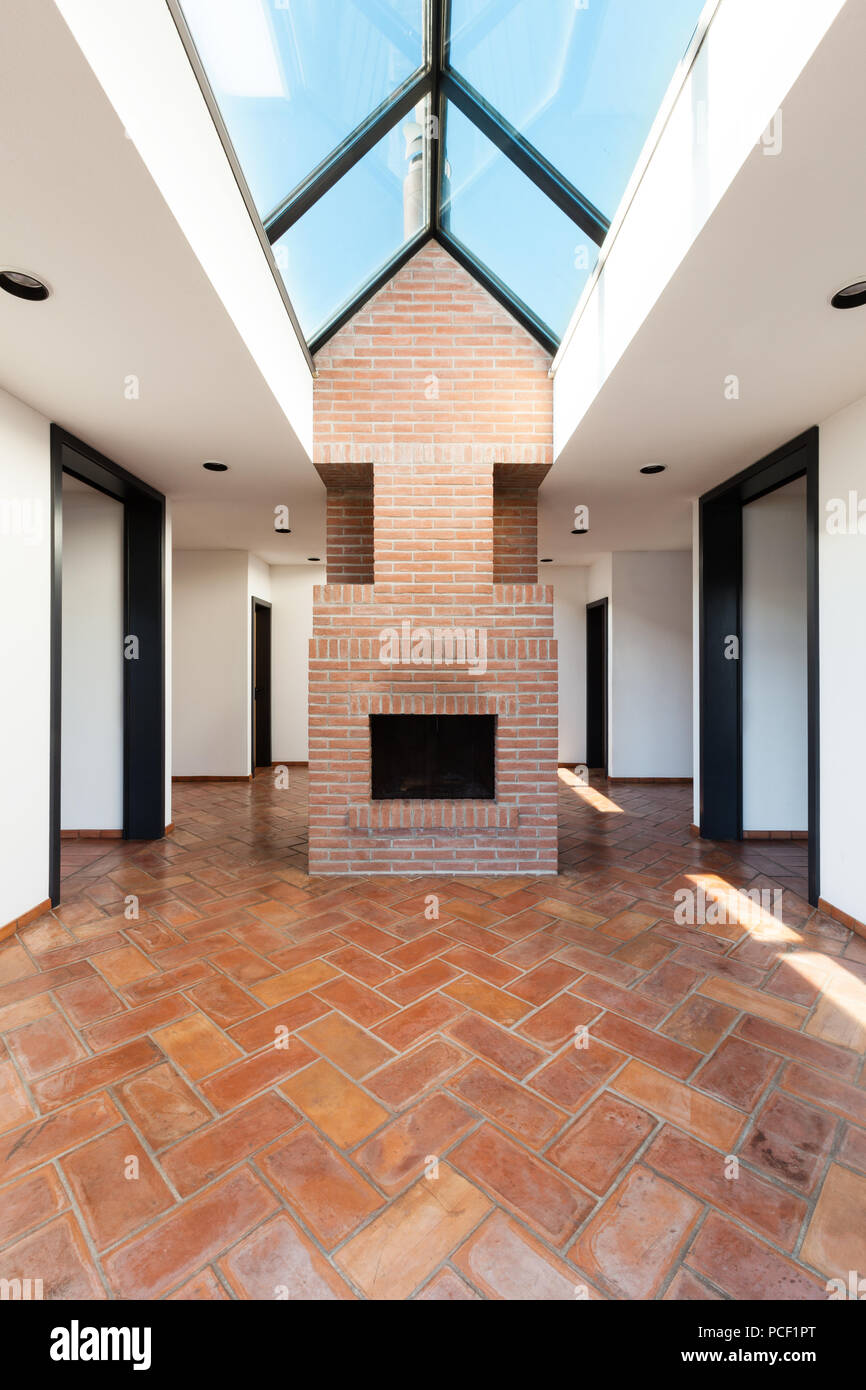Architecture, interior, wide room with fireplace Stock Photo - Alamy