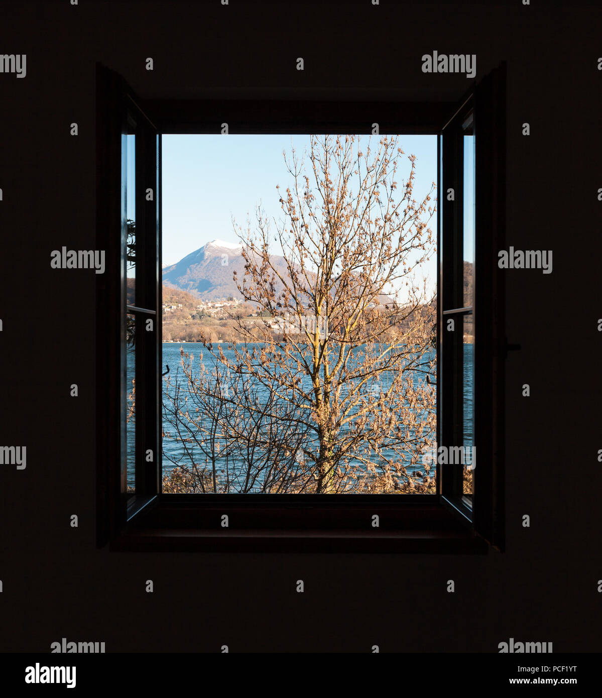 open window in a dark room, landscape with lake view Stock Photo - Alamy