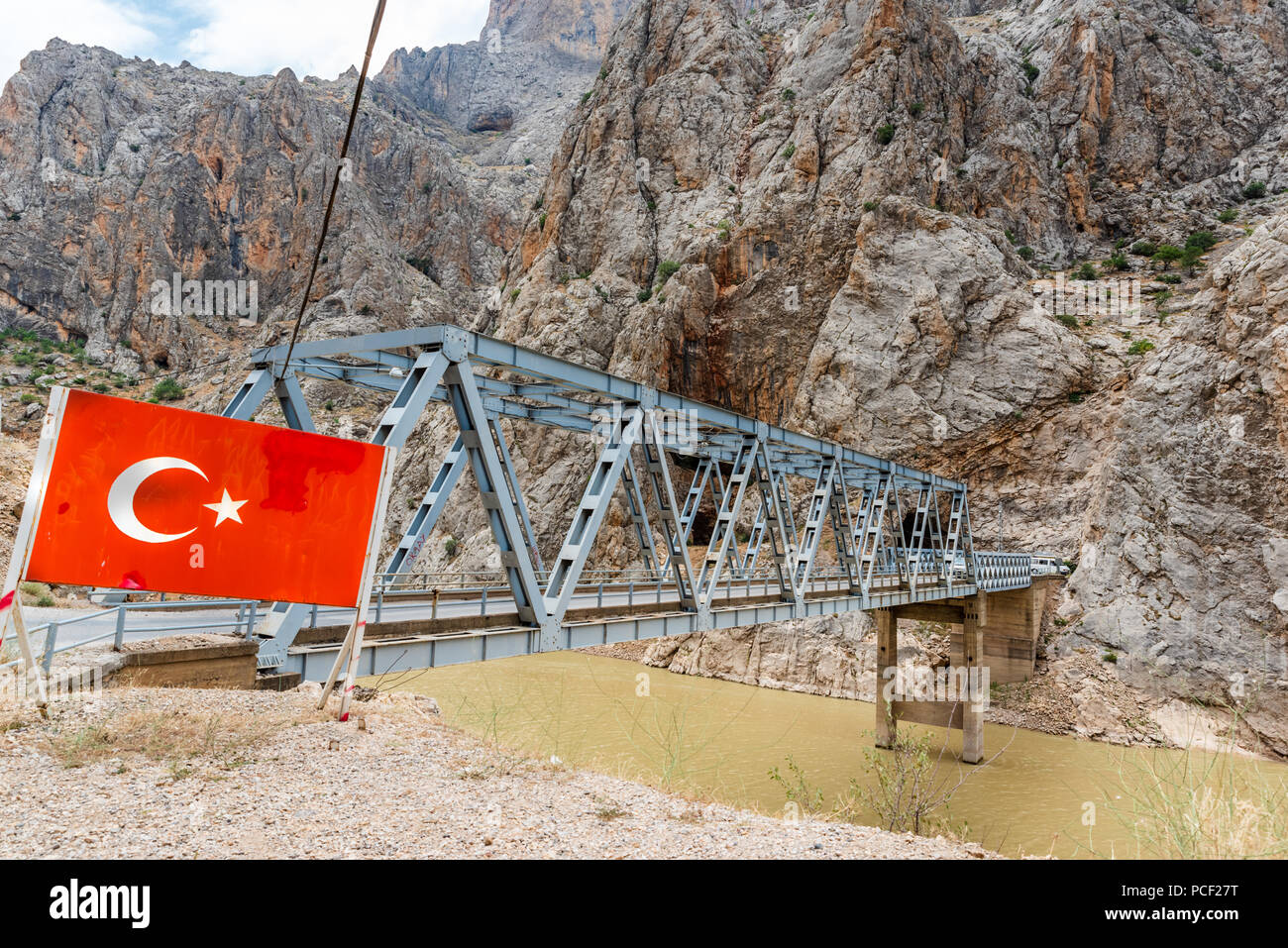 View of long metal bridge used to to go Town of Kemaliye or Egin in ...