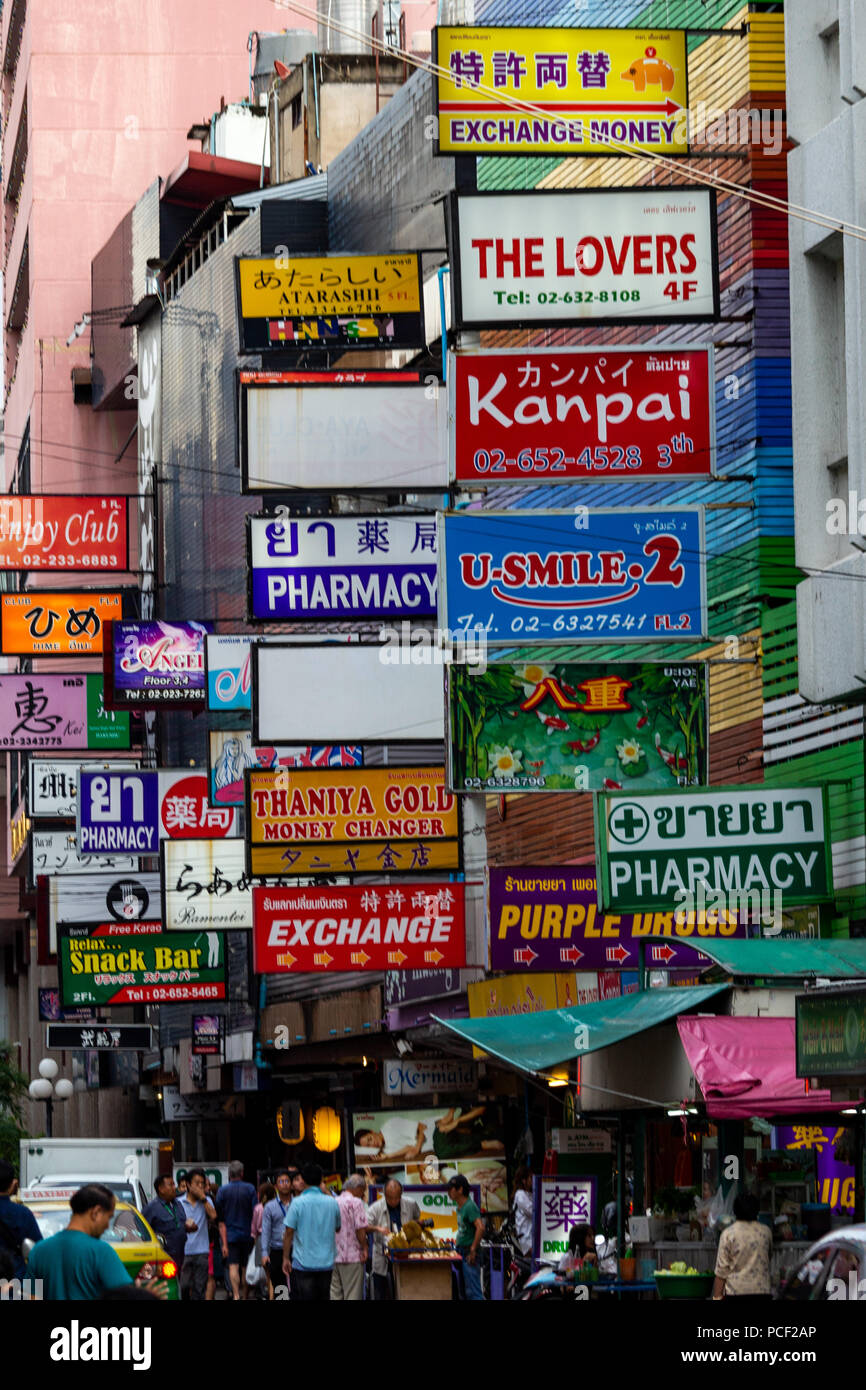 Bangkok, Thailand - April 30, 2018: Street signals advertising various ...
