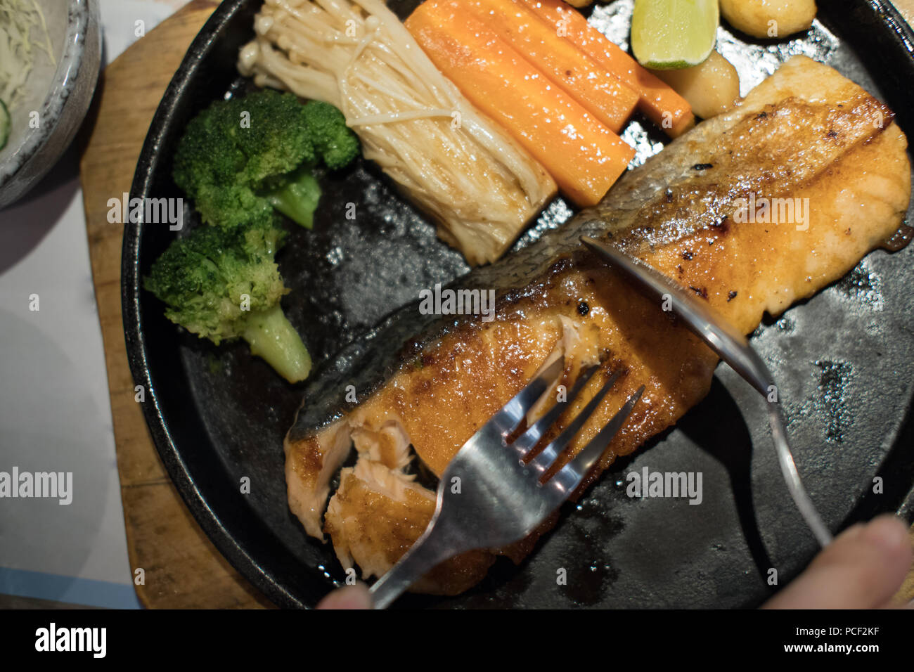 grilled salmon fillet. roasted fish. japanese food in restaurant Stock ...
