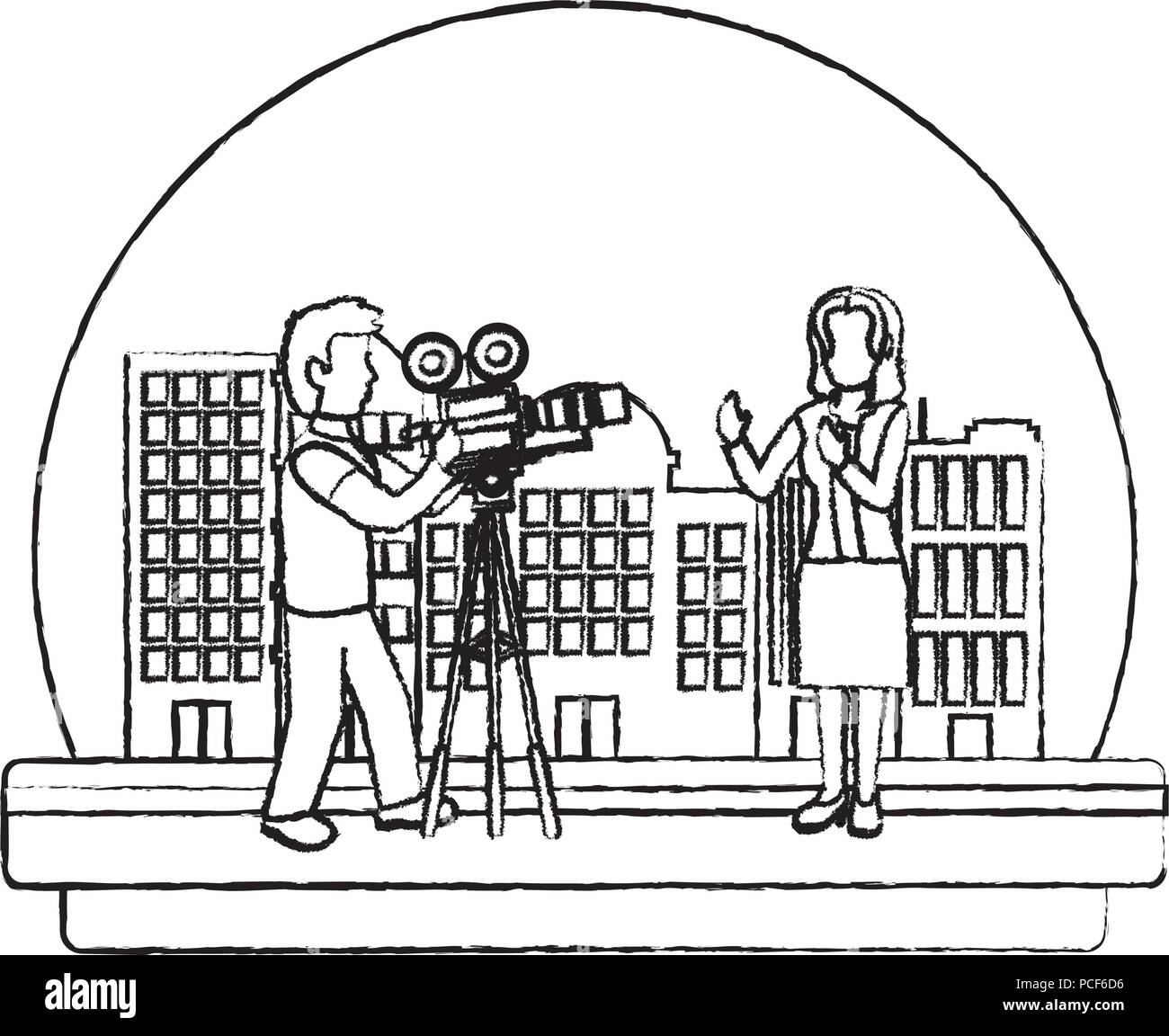 grunge professional cameraman film to woman reporter Stock Vector Image ...