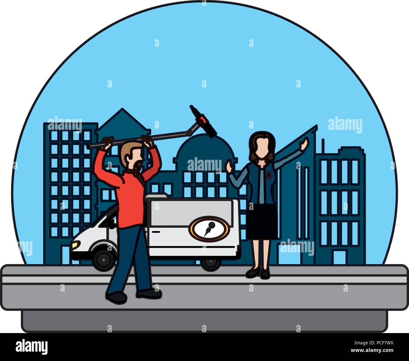 color journalist van and cameraman with microphone reporter Stock ...