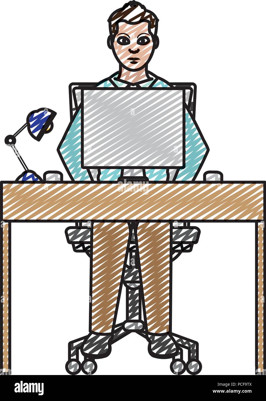 doodle businessman office seating with desk and computer Stock Vector ...