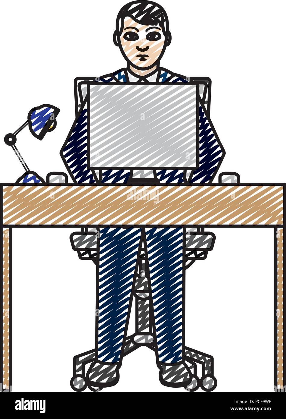 doodle elegant businessman desk with computer and lamp Stock Vector ...