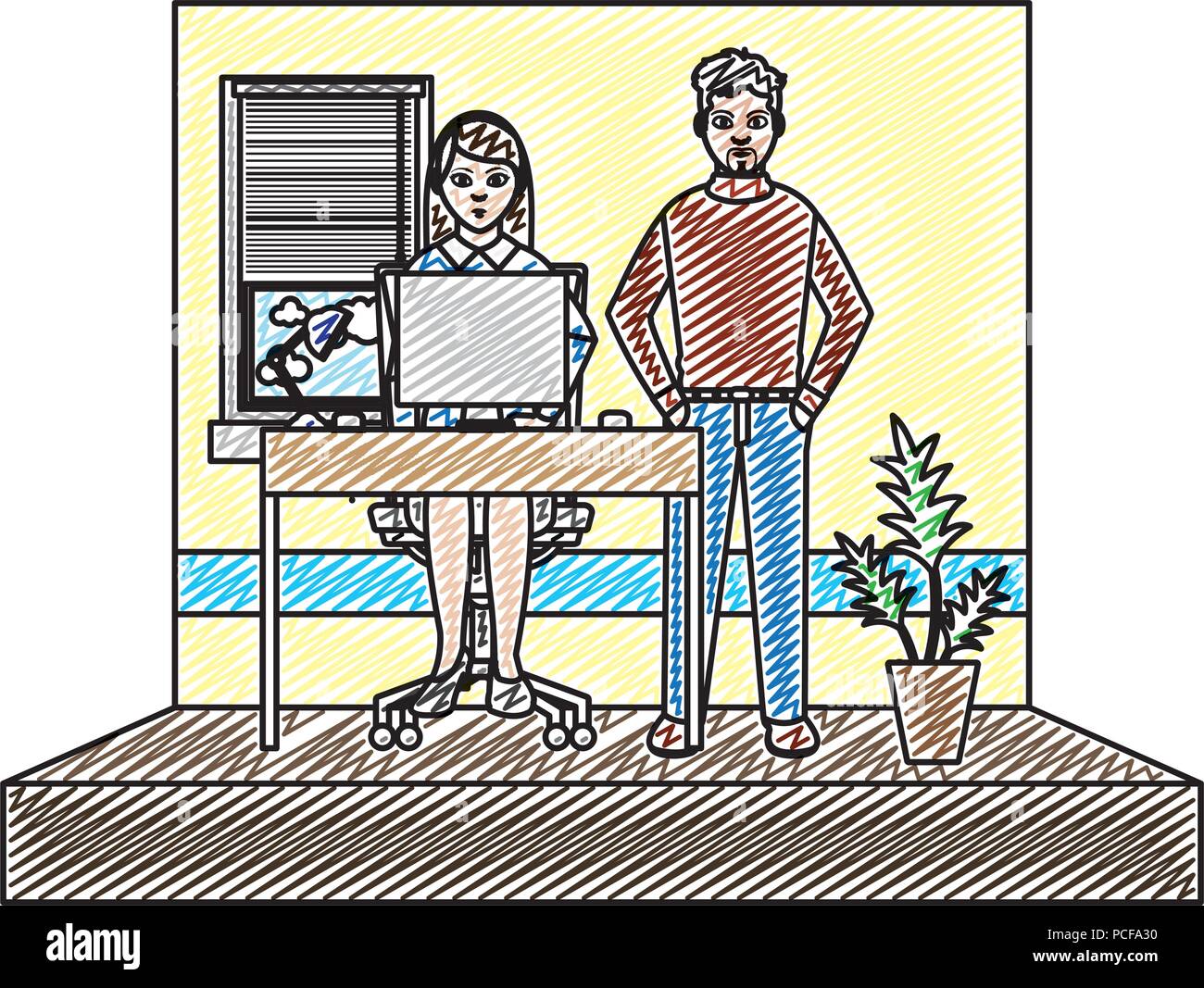 doodle elegant secretary woman office with executive businessman Stock ...