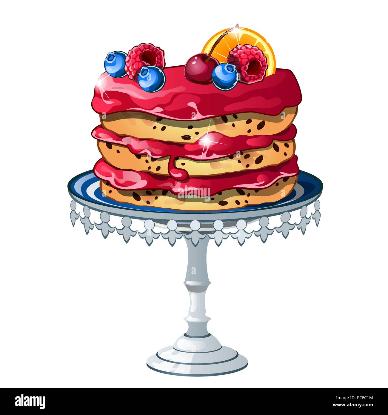 Puff cake with fresh fruits and berries isolated on a white background ...