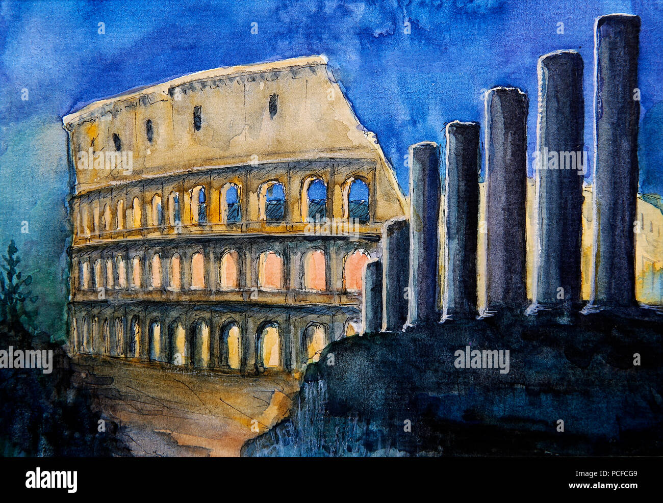 Roman cityscape of the Colosseum painted by watercolor Stock Photo - Alamy