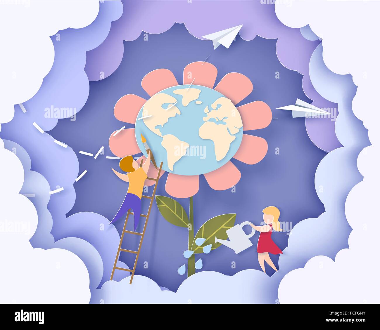 Children caring for the Earth flower with blue sky background. Save the ...