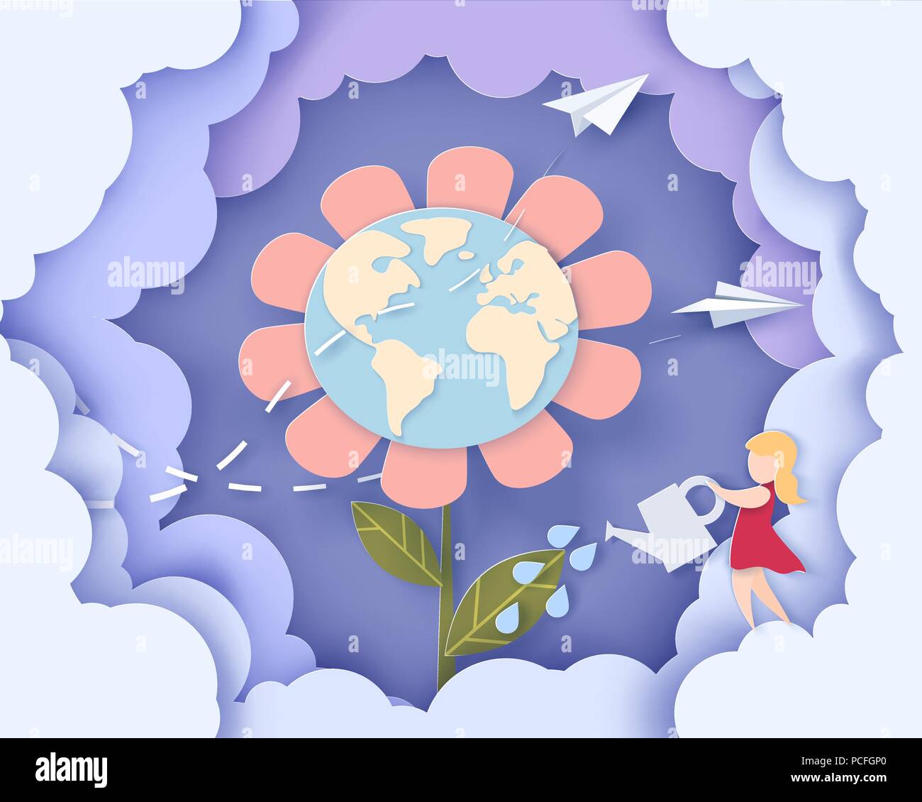 Children caring for the Earth flower with blue sky background. Save the ...