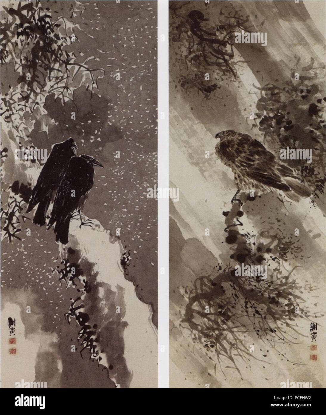 19 A black hawk and two crows by Yosa Buson Stock Photo - Alamy