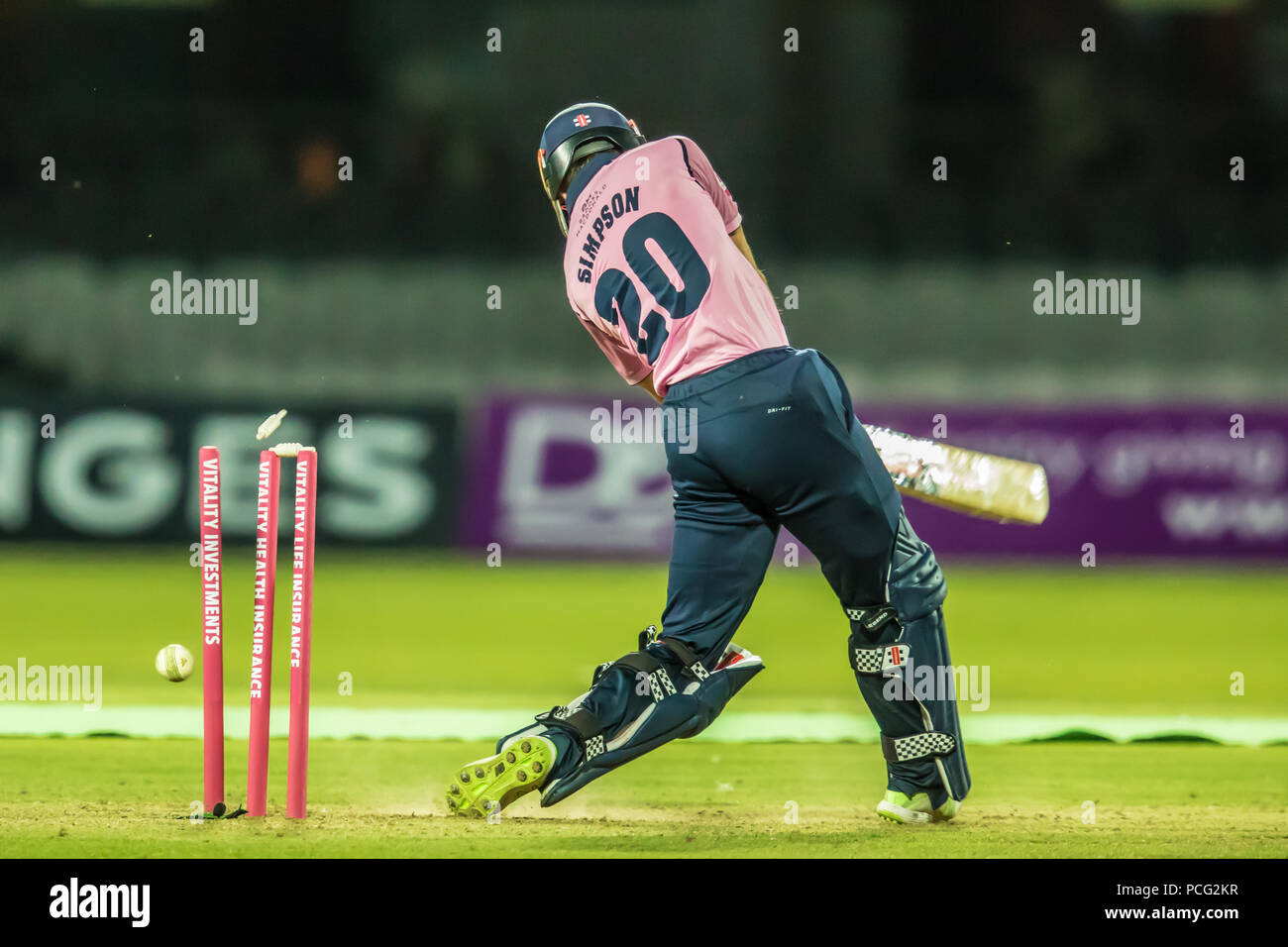 London, UK. 2 August, 2018. John Simpson is bowled by Archer batting ...