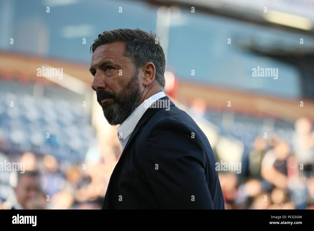 Burnley, Lancashire, UK. 2nd Aug 2018. Aberdeen manager Derek McInnes ...