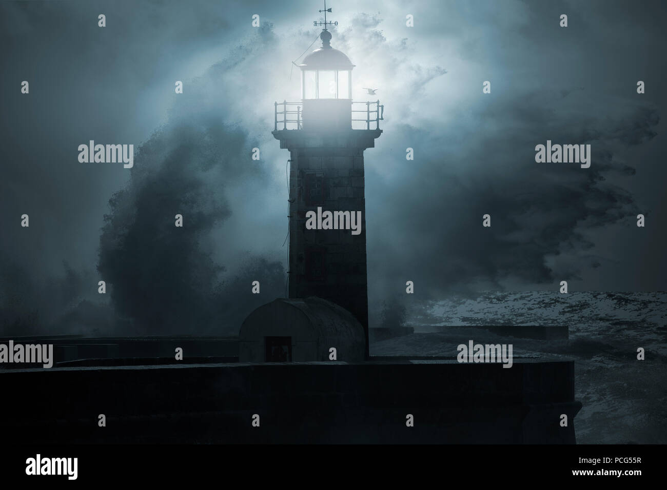 Lighthouse in a stormy, dark and scary night Stock Photo - Alamy