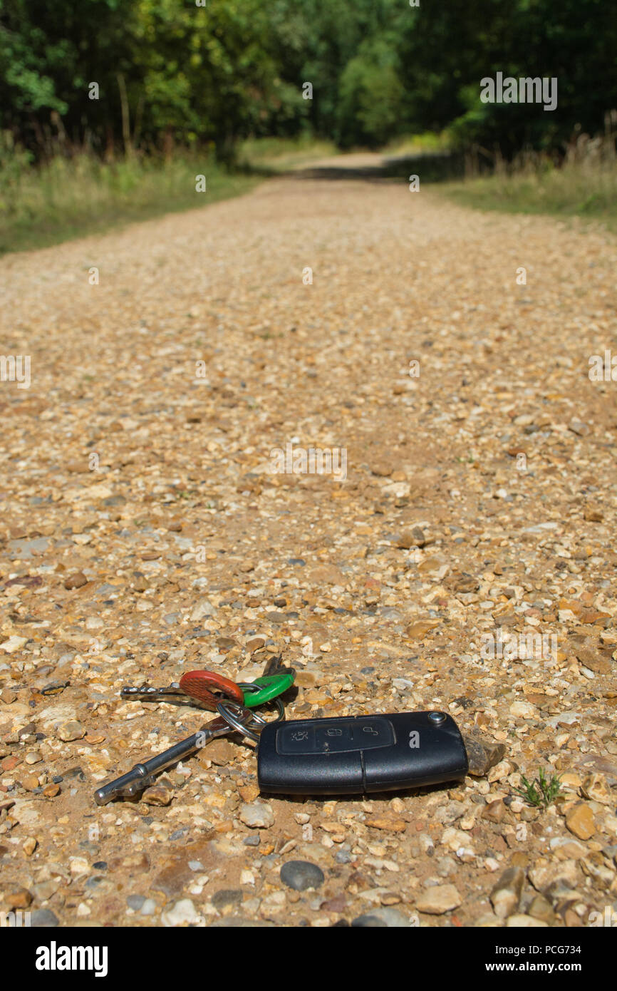 Bunch of keys on a woodland or forest track. Concept of lost or dropped ...
