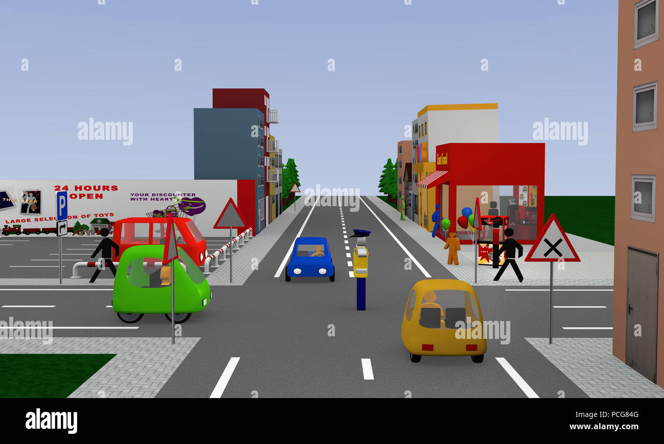 City view with traffic situation: traffic control by a police officer ...