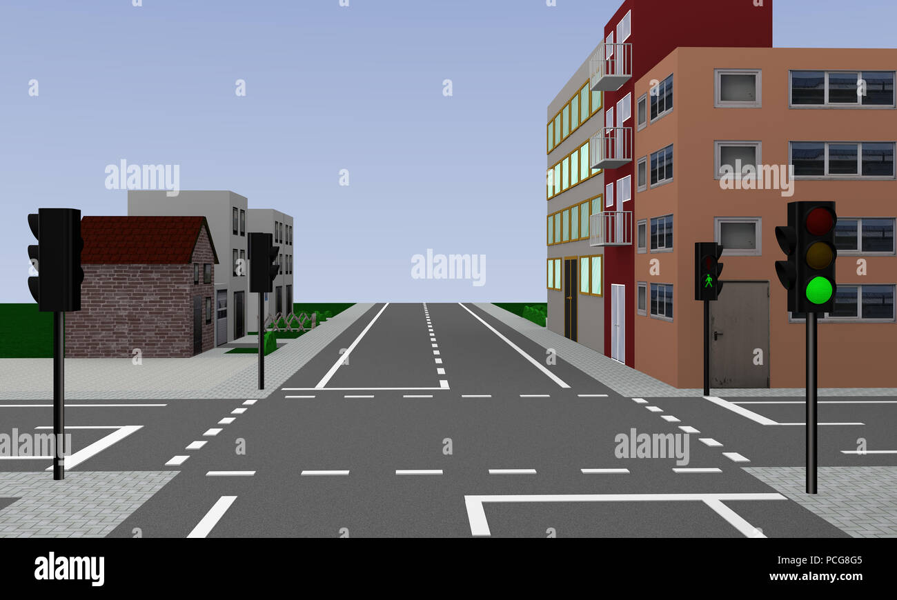 empty intersection with green glowing traffic lights and houses. 3d ...