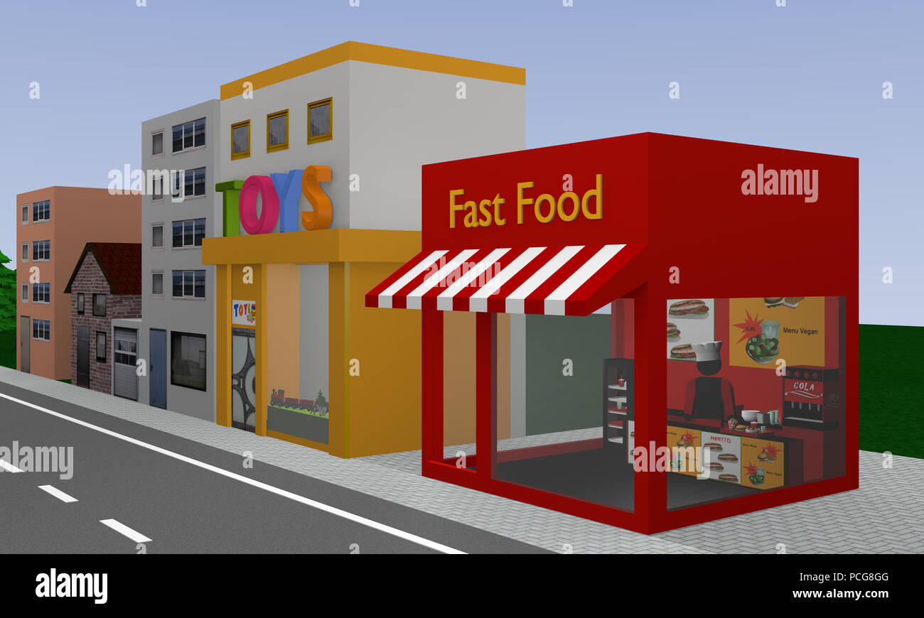 Row of houses with fast food shop and toy shop. 3d rendering Stock ...