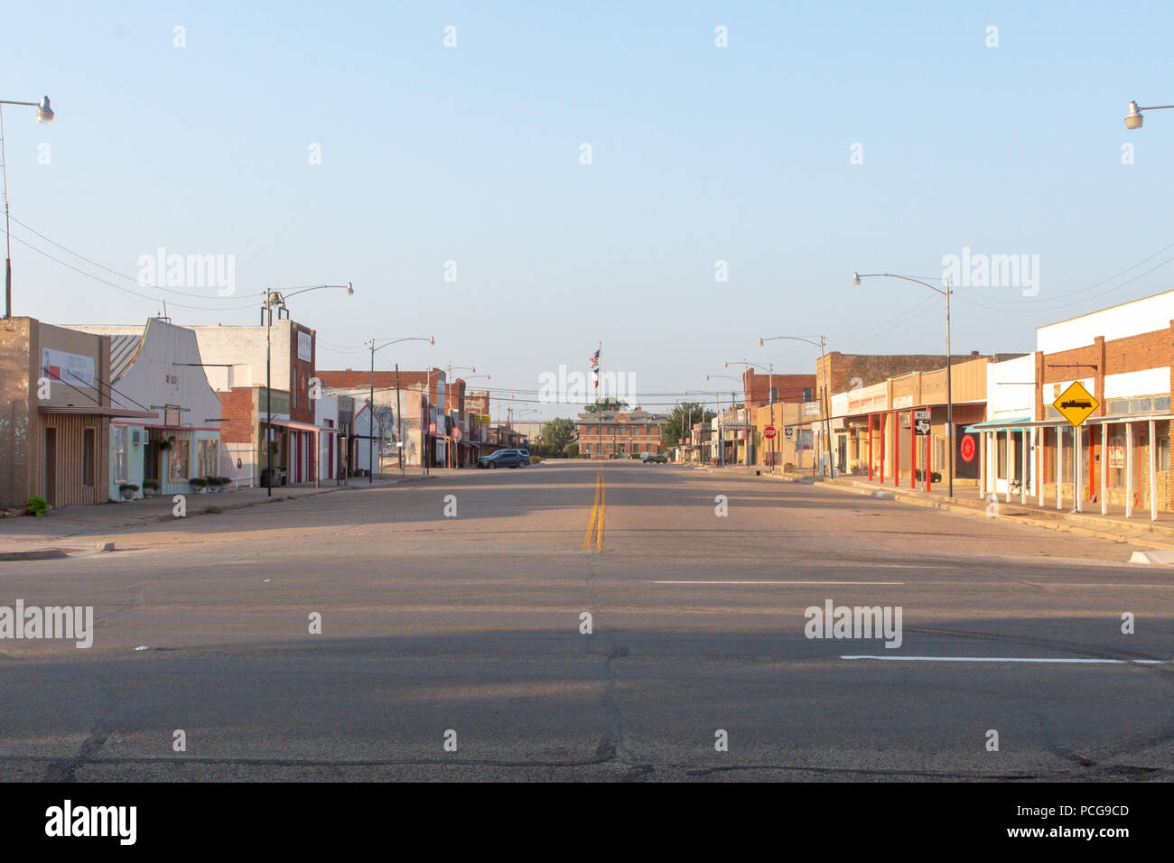 View of train depot at other end of Market St. in Baird Texas Stock ...