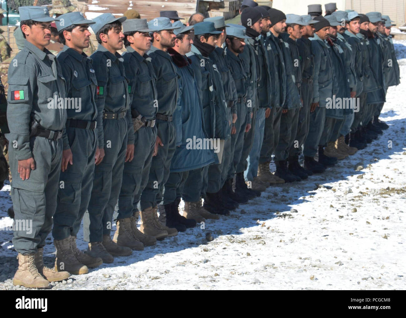 Sayed Abad district Afghan Local Police stand in formation to greet ...