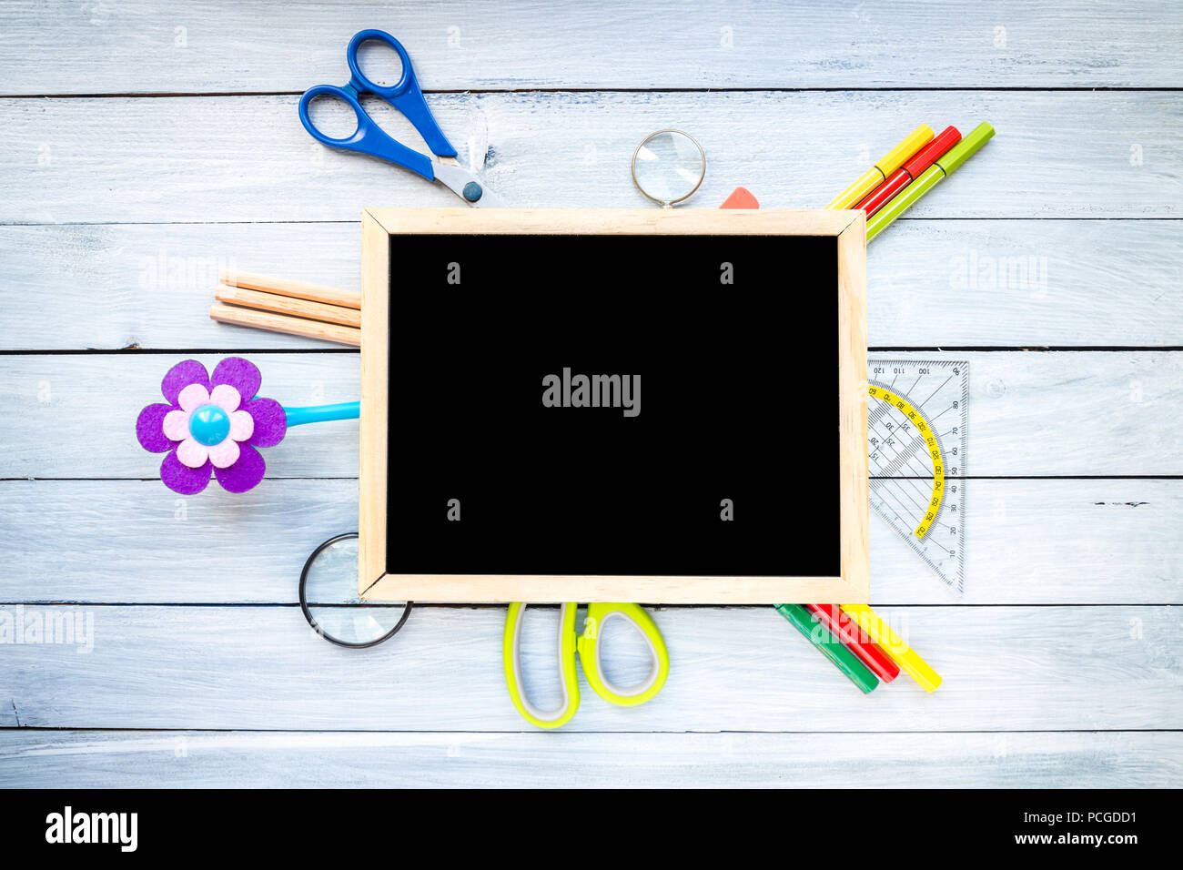 Top view flat lay. Blackboard concept for text back to school or ...