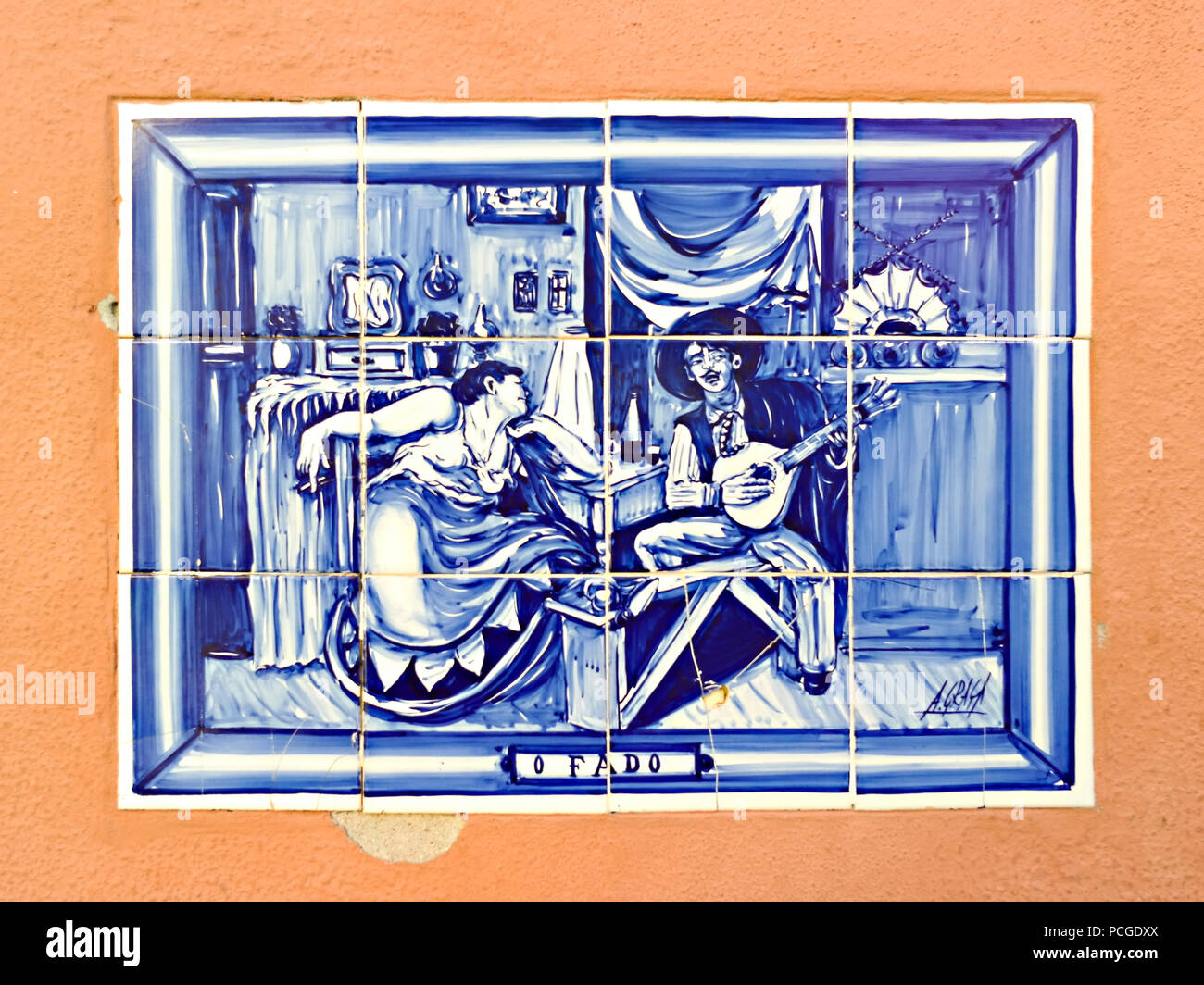 Lisbon. Tiles (Azulajos showing Fado singers on a building in Alfama ...
