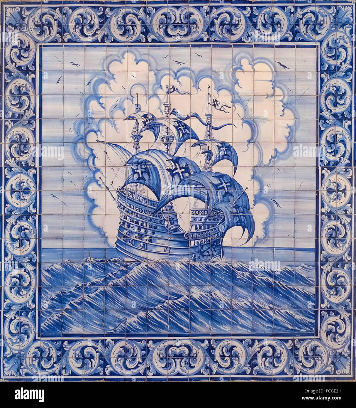 Lisbon. Typical Portuguese tiles (Azulejos) showing a caravella sail ...