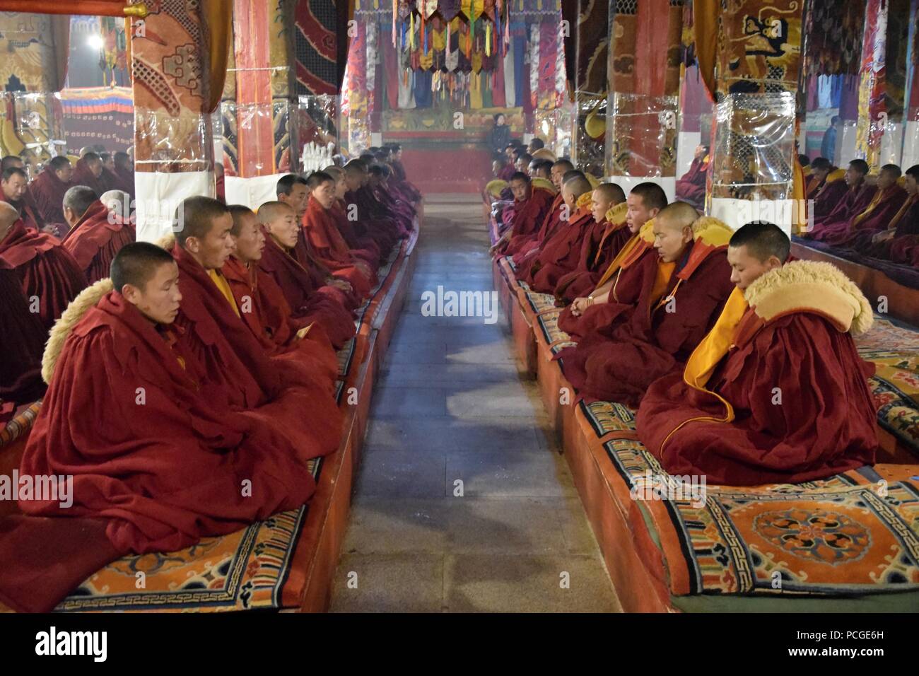 GANDEN, TIBET AUTONOMOUS REGION - CIRCA MAY 2018: Tibetan monks ...