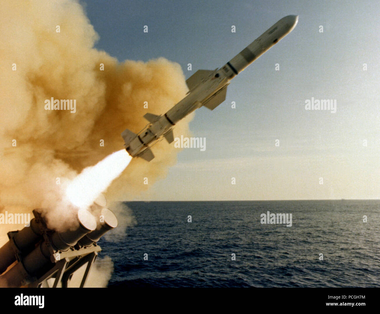 A view of an RGM-84 surface-to-surface Harpoon missile, immediately ...