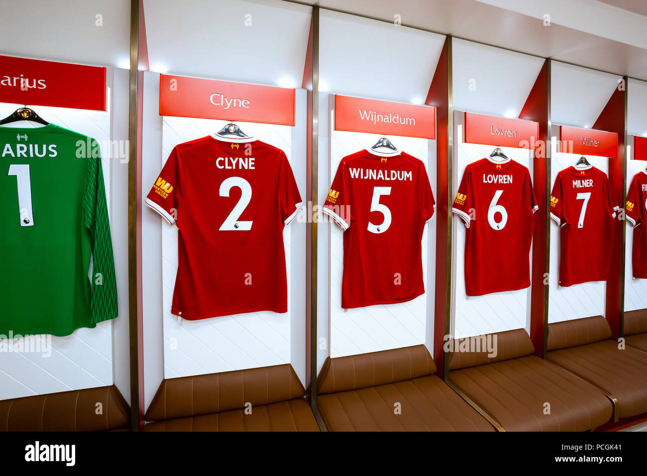 Player's jerseys hung in fornt of lockers in the changing room at ...