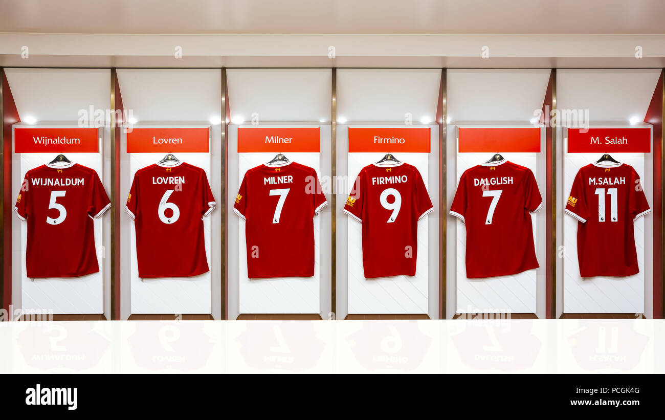 Player's jerseys hung in fornt of lockers in the changing room at ...