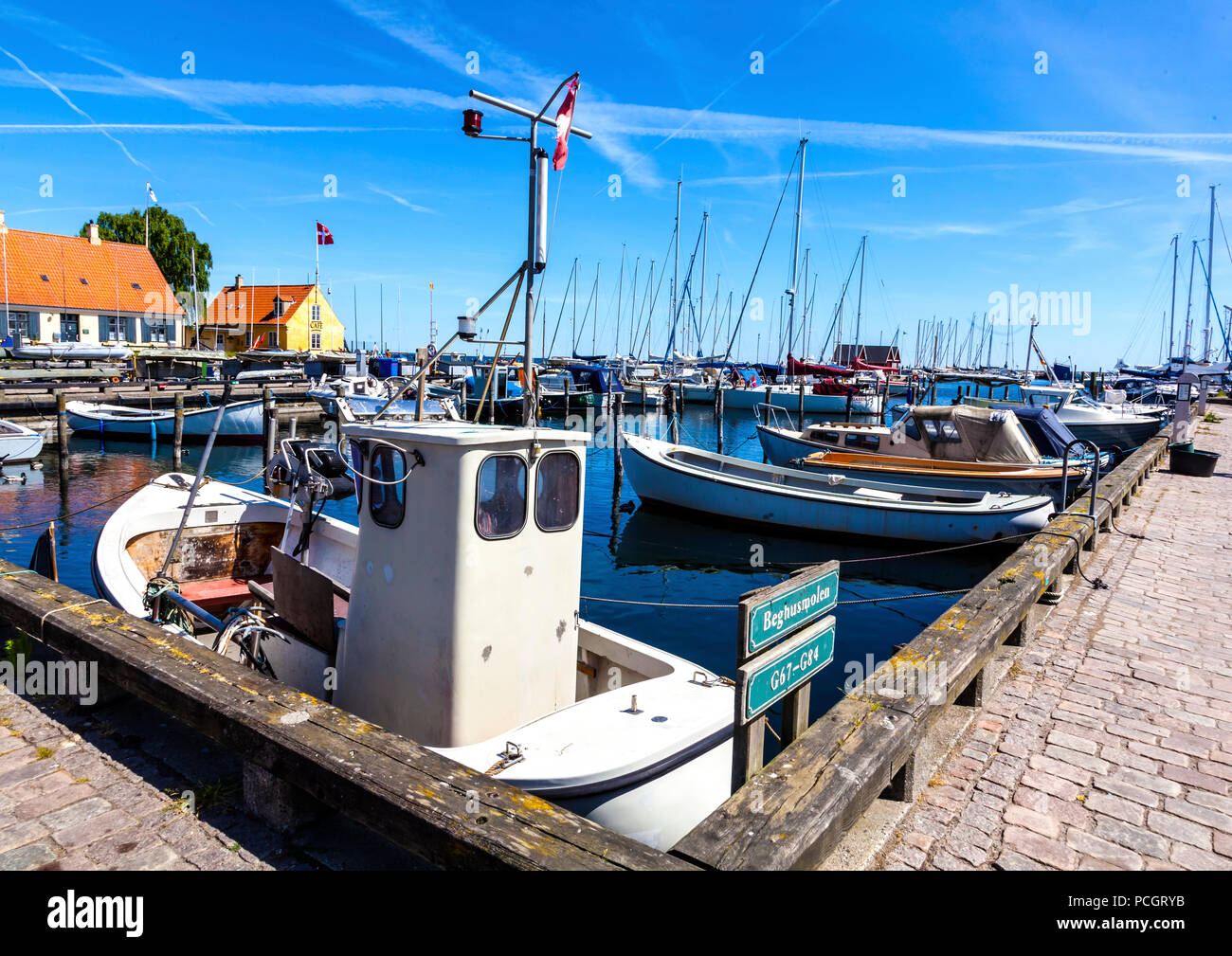 Boats moored in harbour at Dragør fishing village near Copenhagen in ...