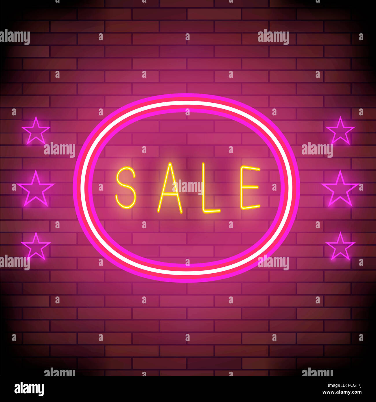 Yellow Neon Sale Sign with Pink Round Frame and Stars Stock Photo - Alamy