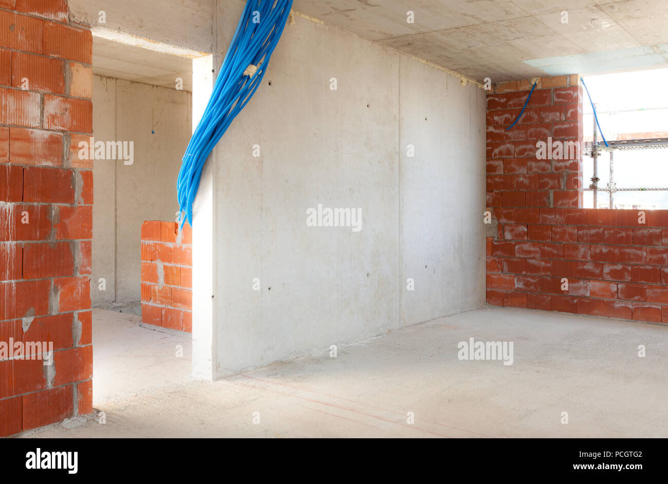 Building, construction site in progress to new house, room view Stock ...