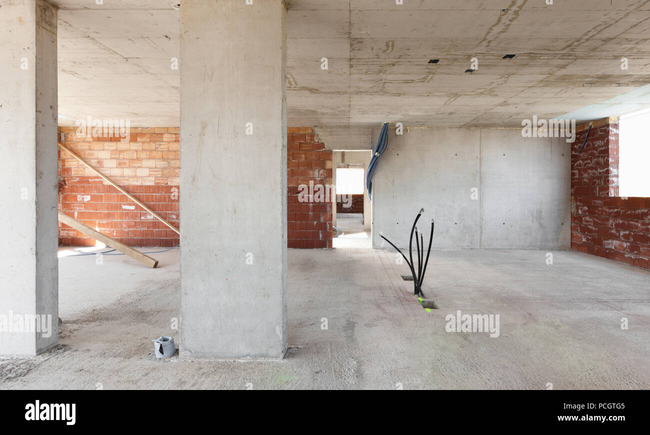 Building, construction site in progress to new house, cement floor ...