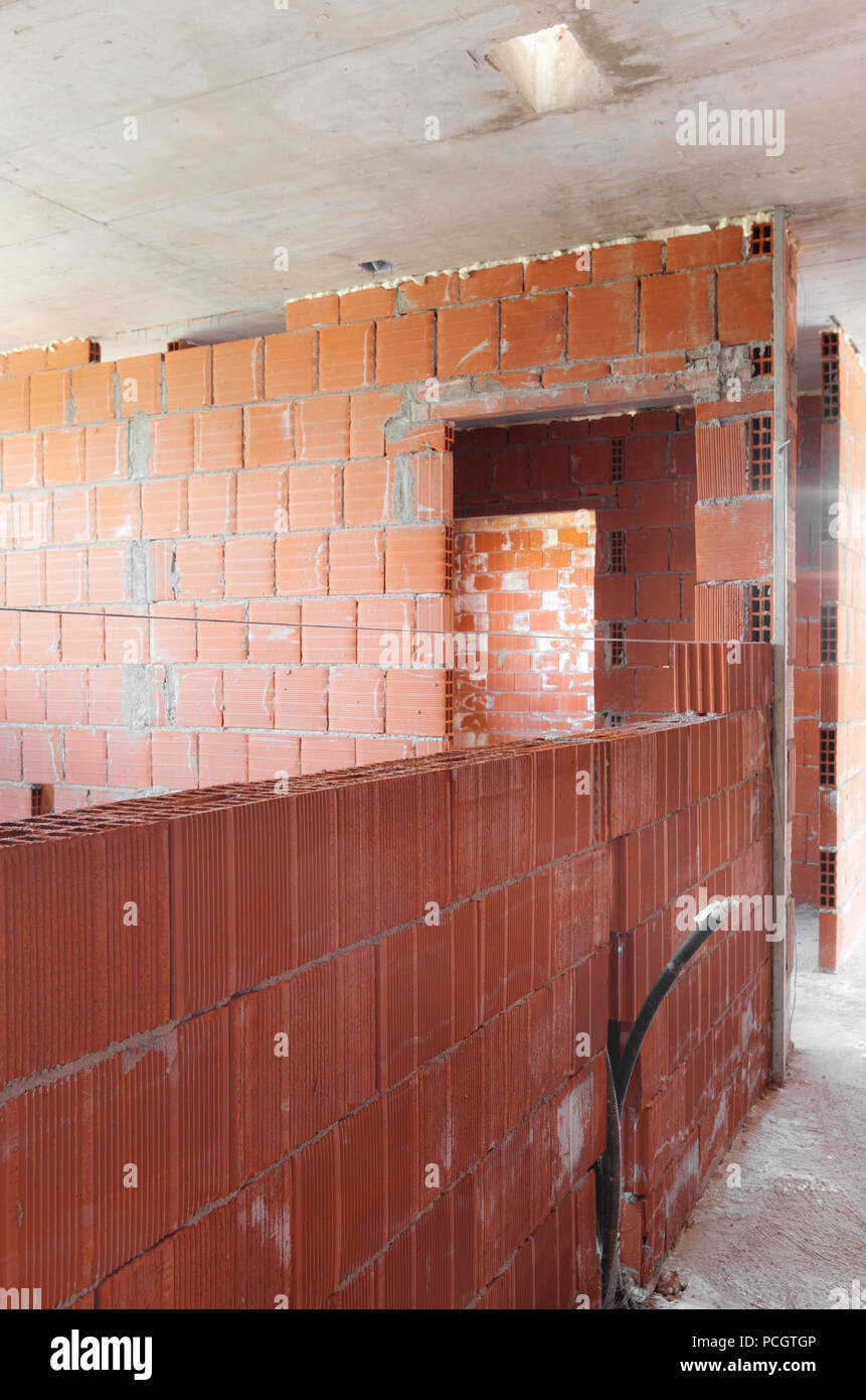 Building, construction site in progress to new house, brick wall Stock ...