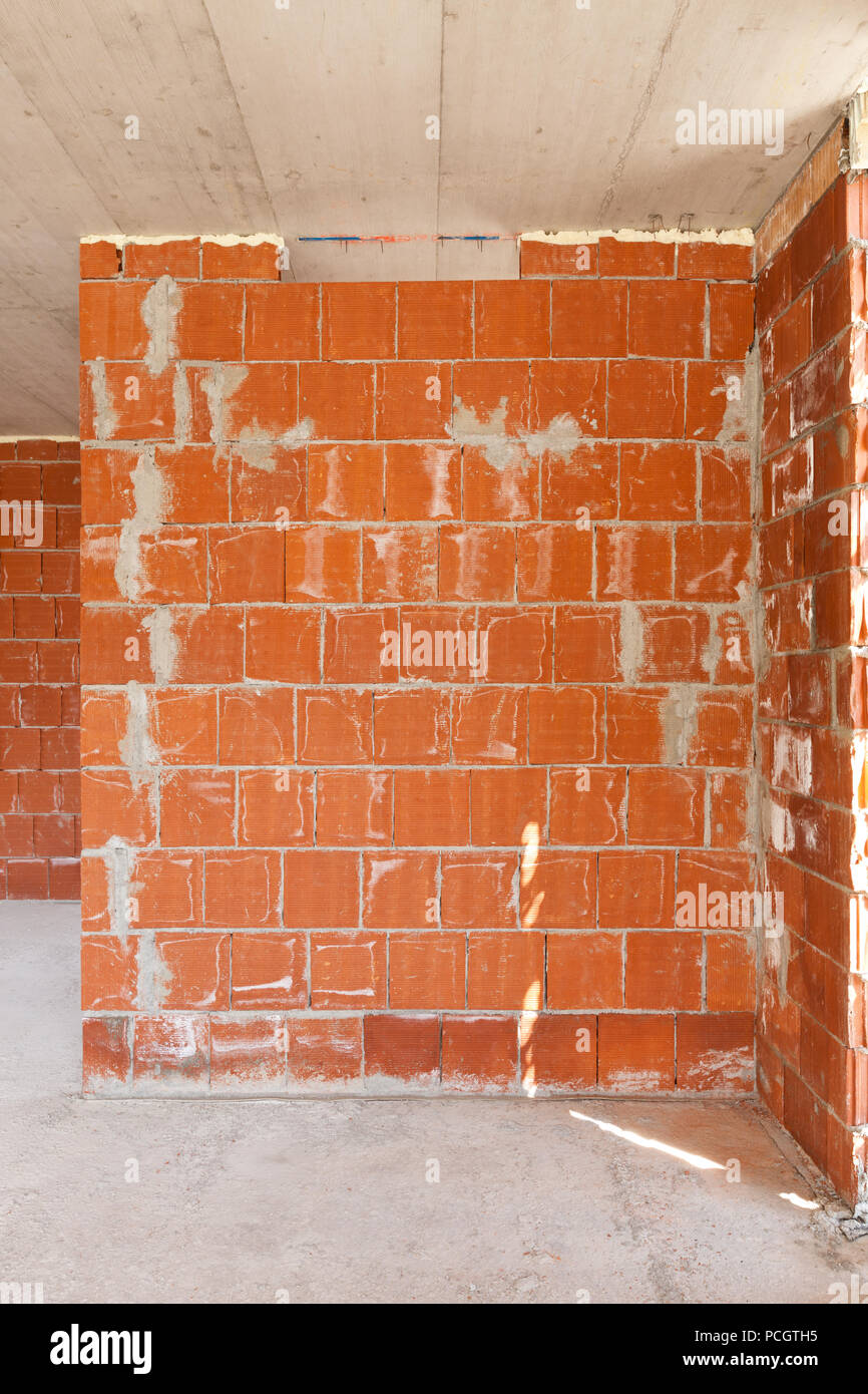 Building, construction site in progress to new house, brick wall Stock ...