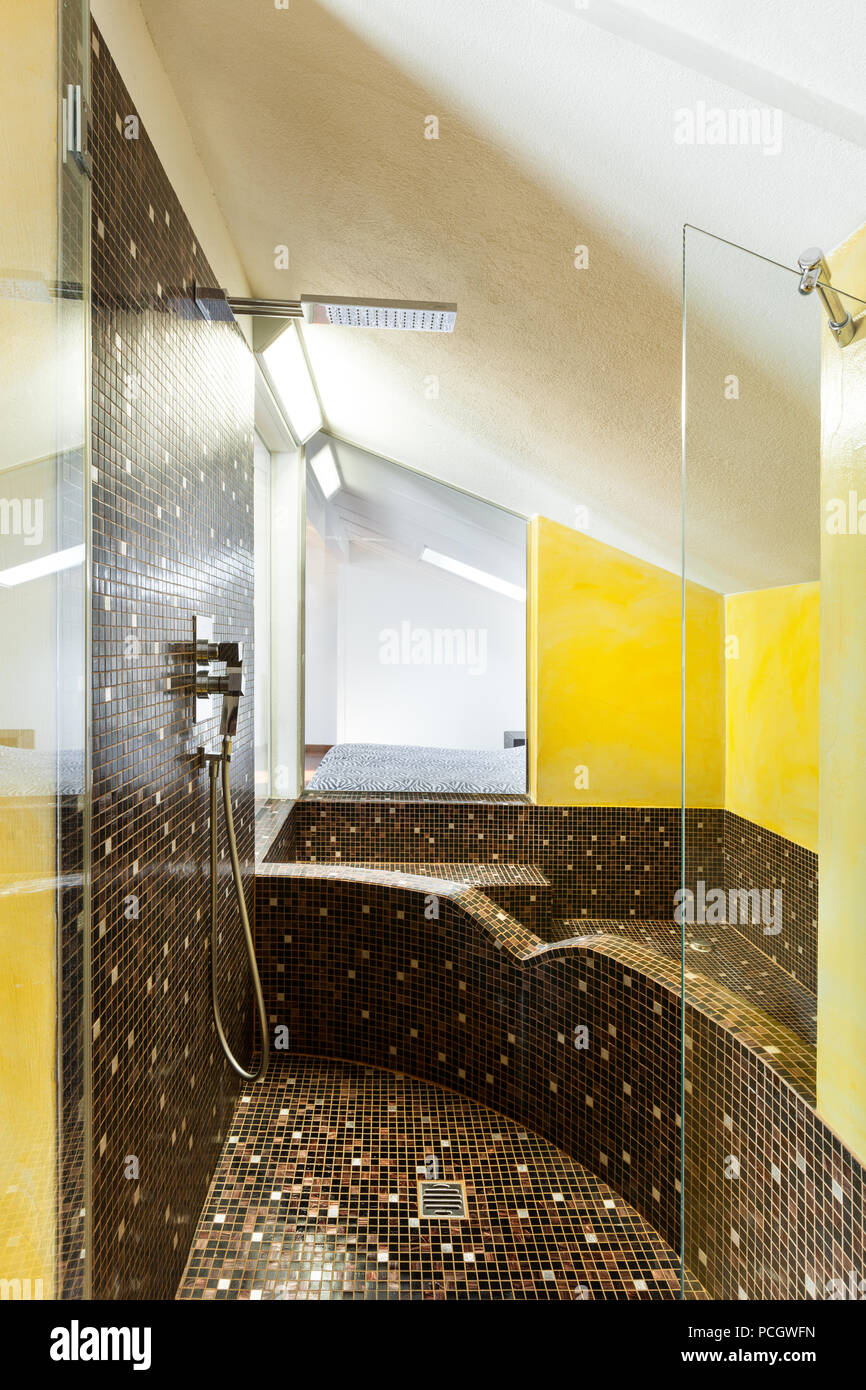 House, inside bathroom, yellow walls Stock Photo - Alamy