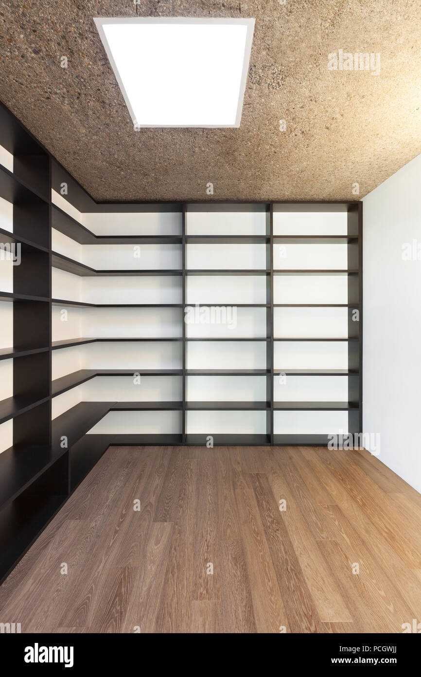 Architecture, modern apartment, empty room with bookcase Stock Photo ...