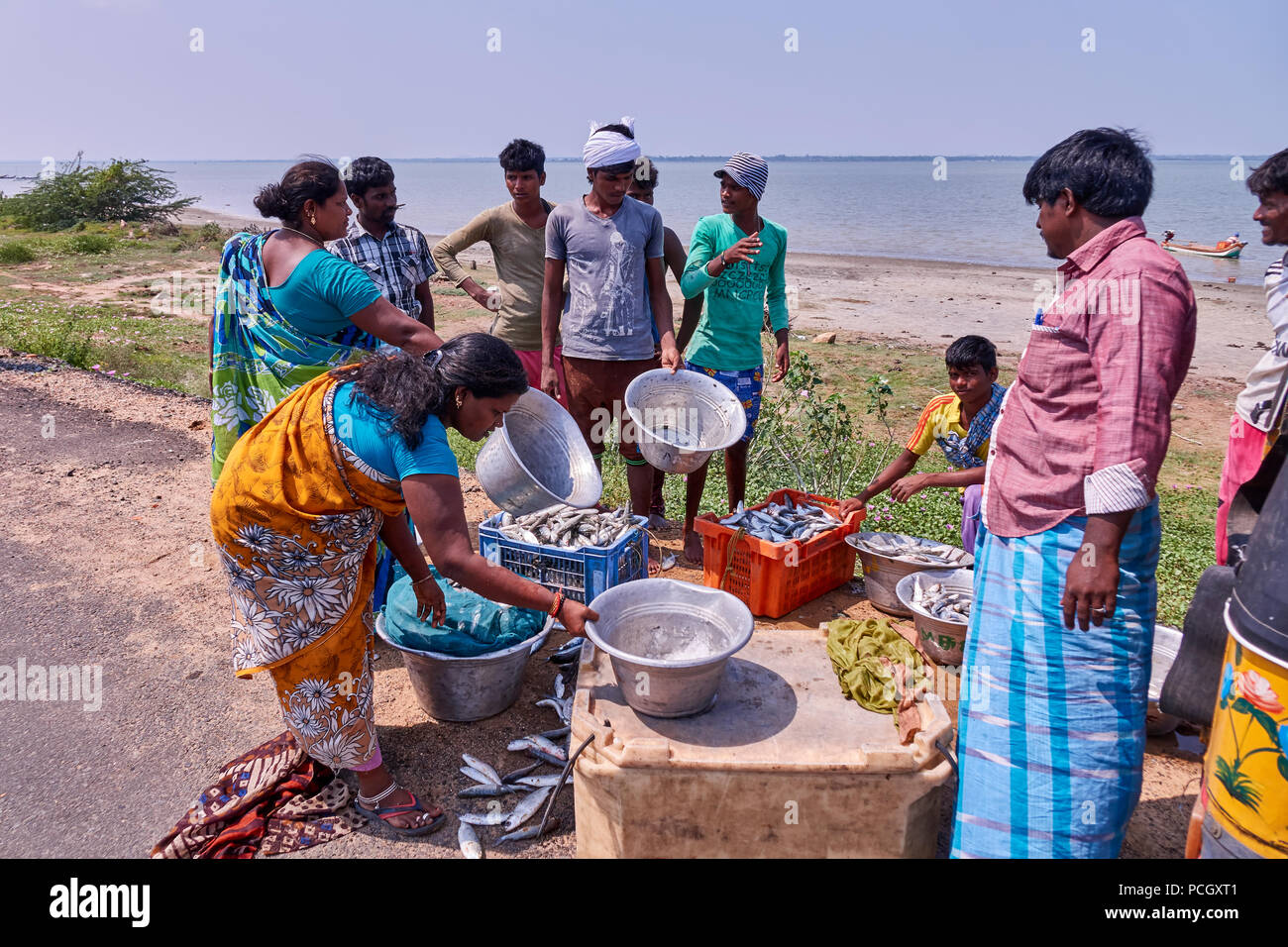 Lakeside fishing in India Stock Photo - Alamy