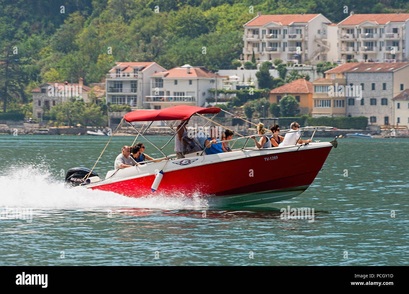 Red Speedboat Kotor Montengro Stock Photo - Alamy