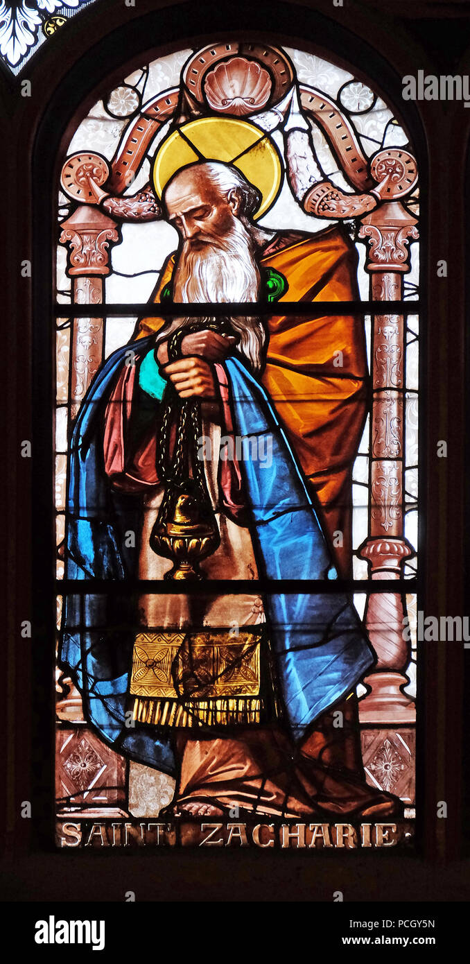 Saint Zechariah, stained glass window in Saint Eustache church in Paris ...