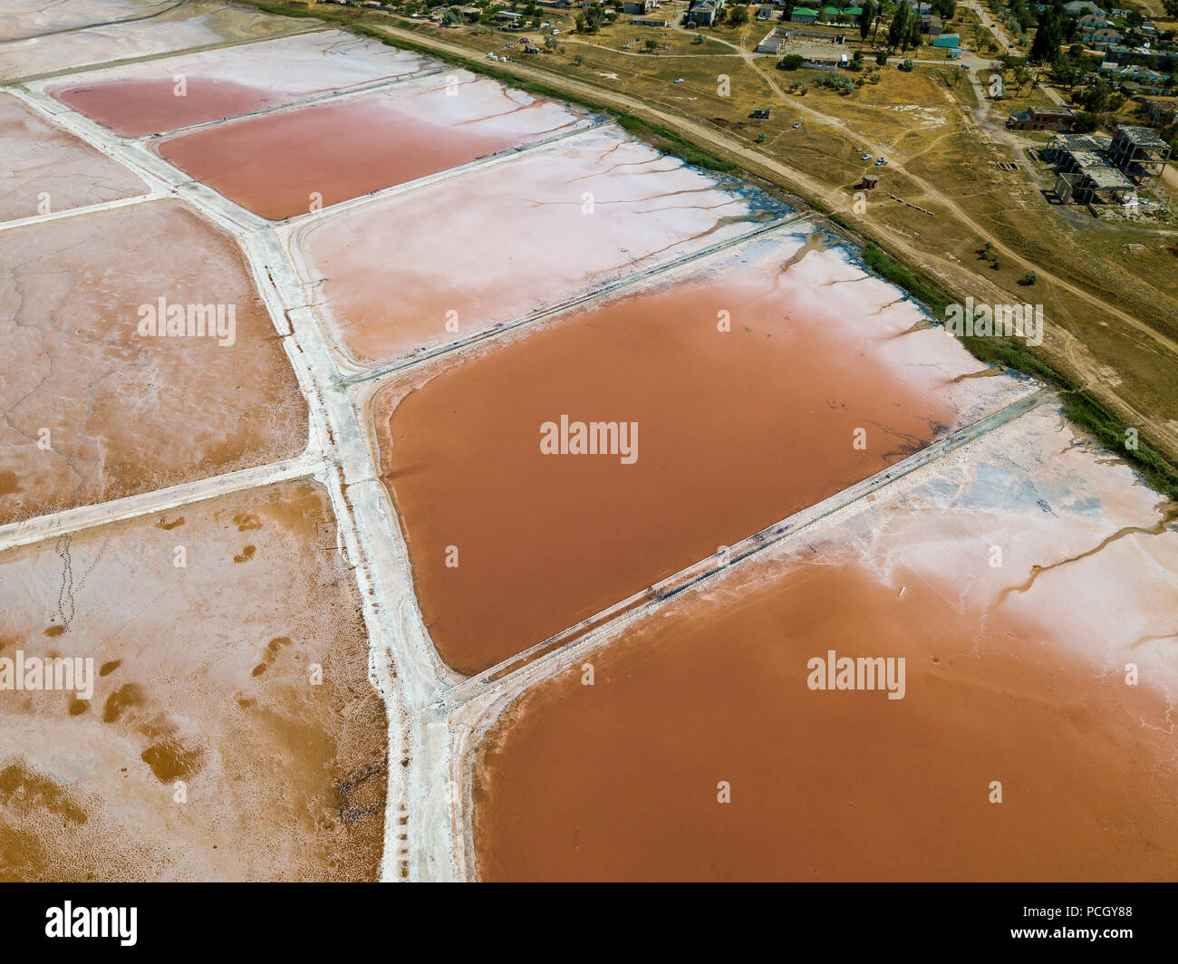 View from the top of the relief of the Pink Salt Lake Sivash production ...