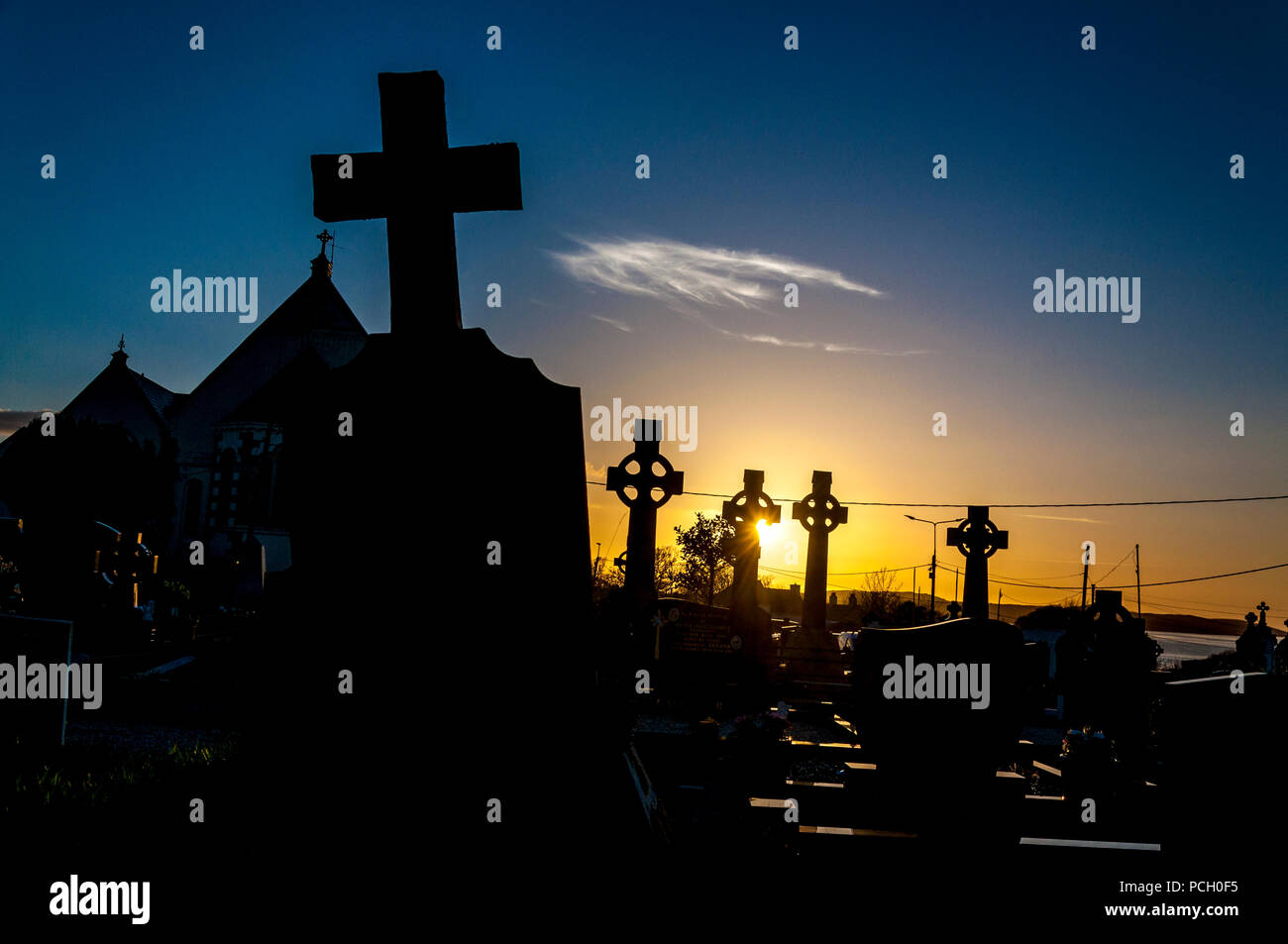Sunset, cemetery graveyard in Ardara, County Donegal, Ireland Stock ...