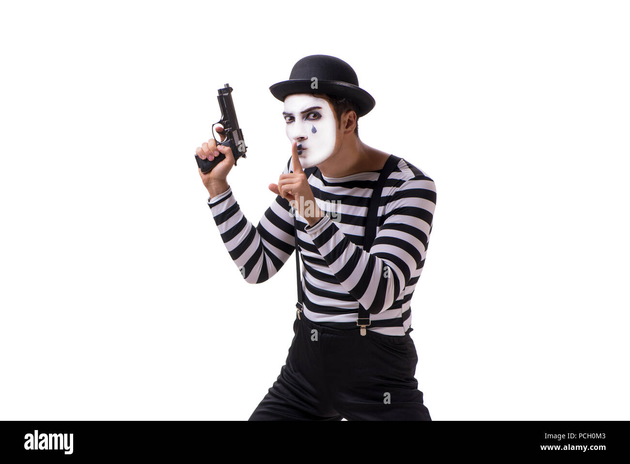 Mime with handgun isolated on white background Stock Photo - Alamy