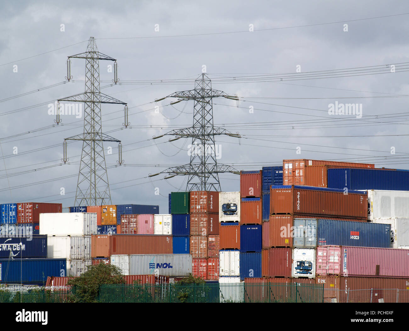Containers stacked at Marchwood Container Port, Southampton Docks ...