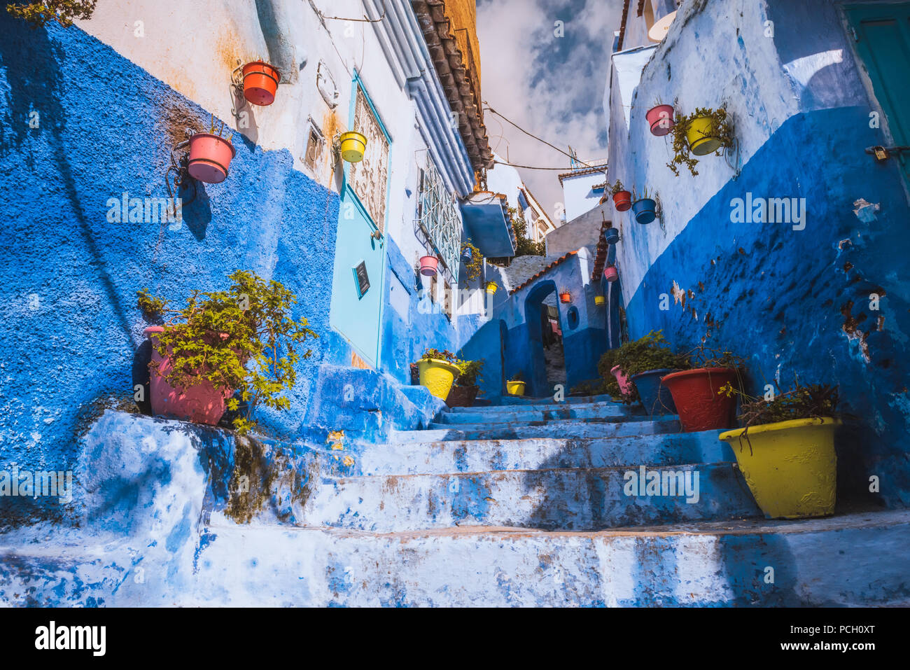 Amazing view of the street in the blue city of Chefchaouen. Location ...