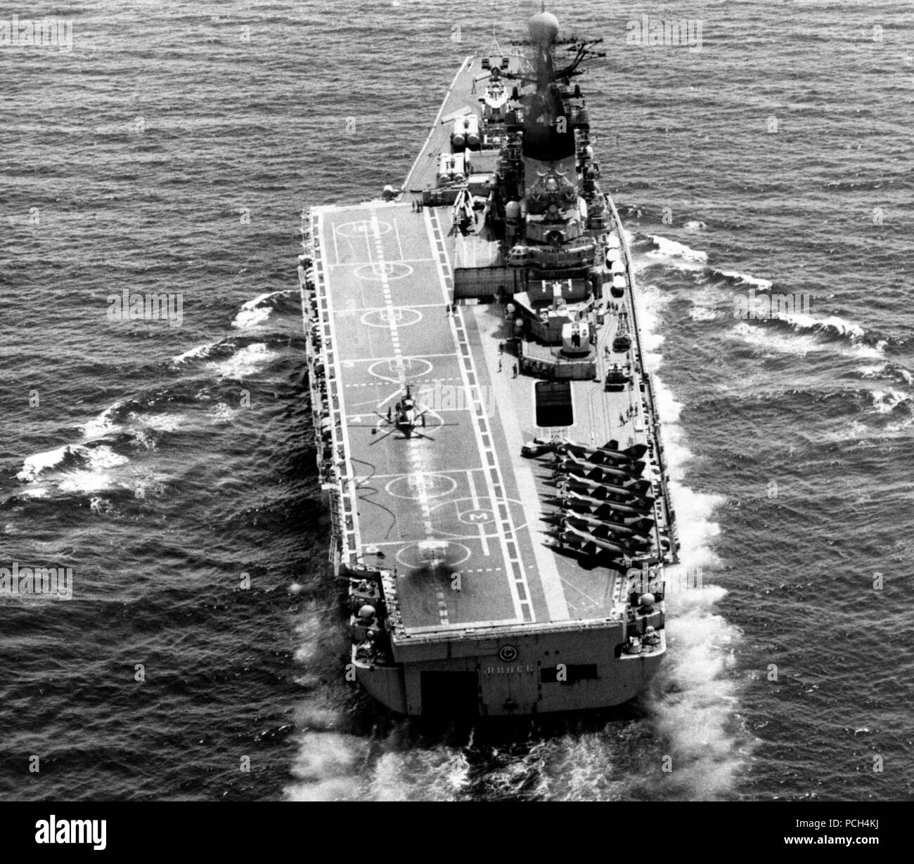 An aerial stern view of the MINSK, a Soviet class guided missile ...