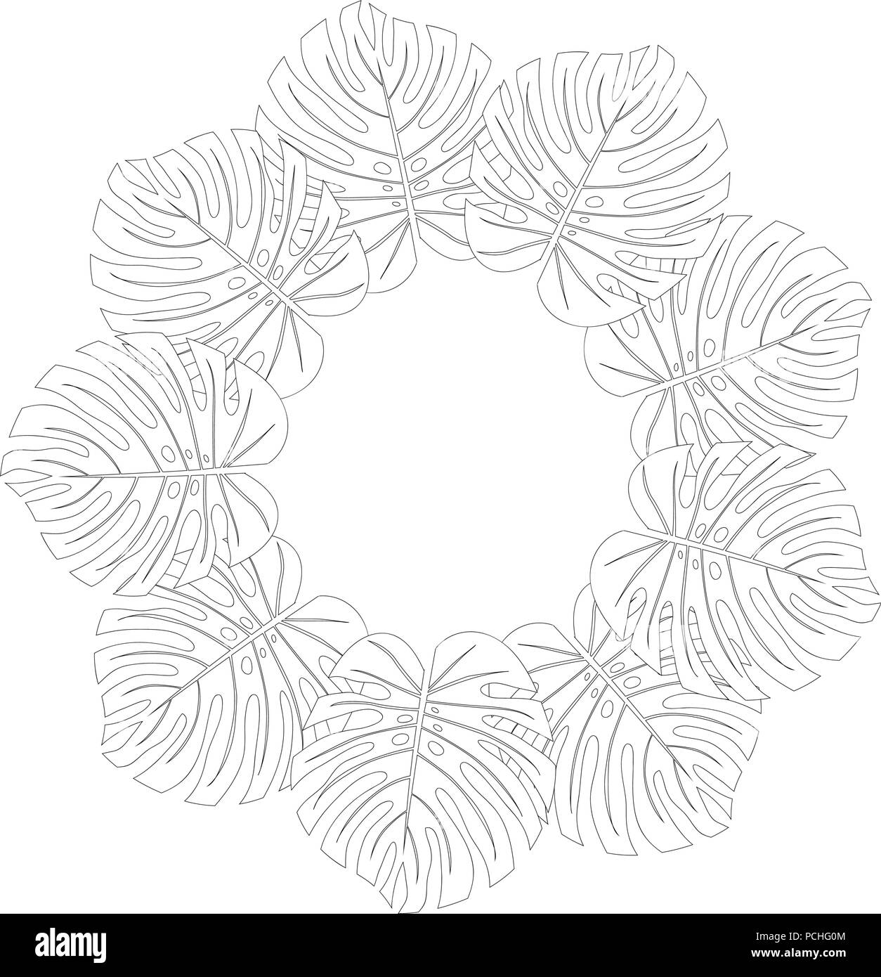 Philodendron Monstera Leaf Wreath Outline isolated on White Background ...
