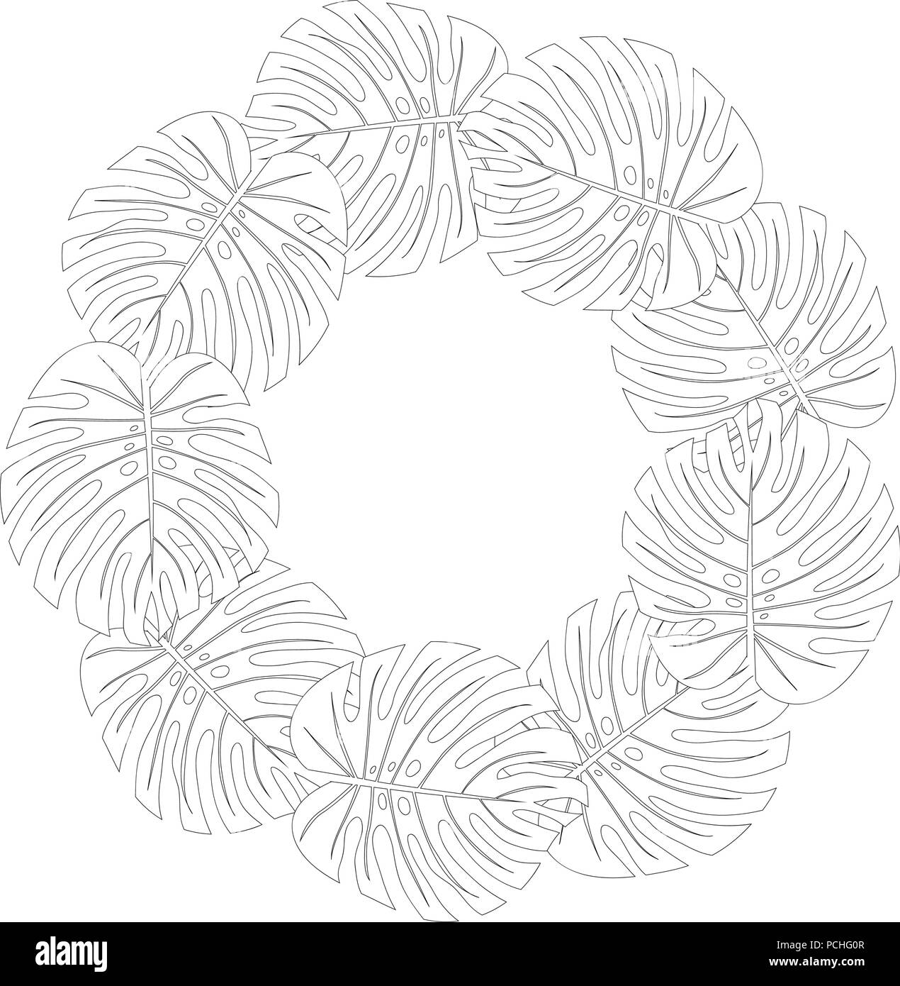 Philodendron Monstera Leaf Wreath Outline isolated on White Background ...